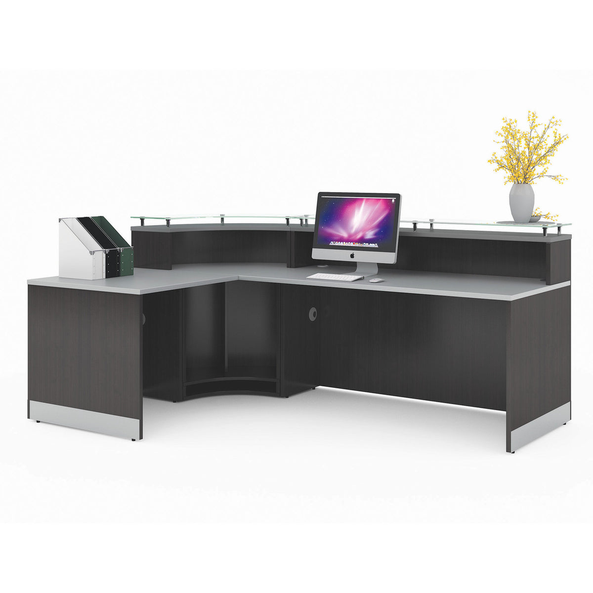 Cosmo L Shaped Reception Desk in Steely Gray and Cordova Brown Finishes ...