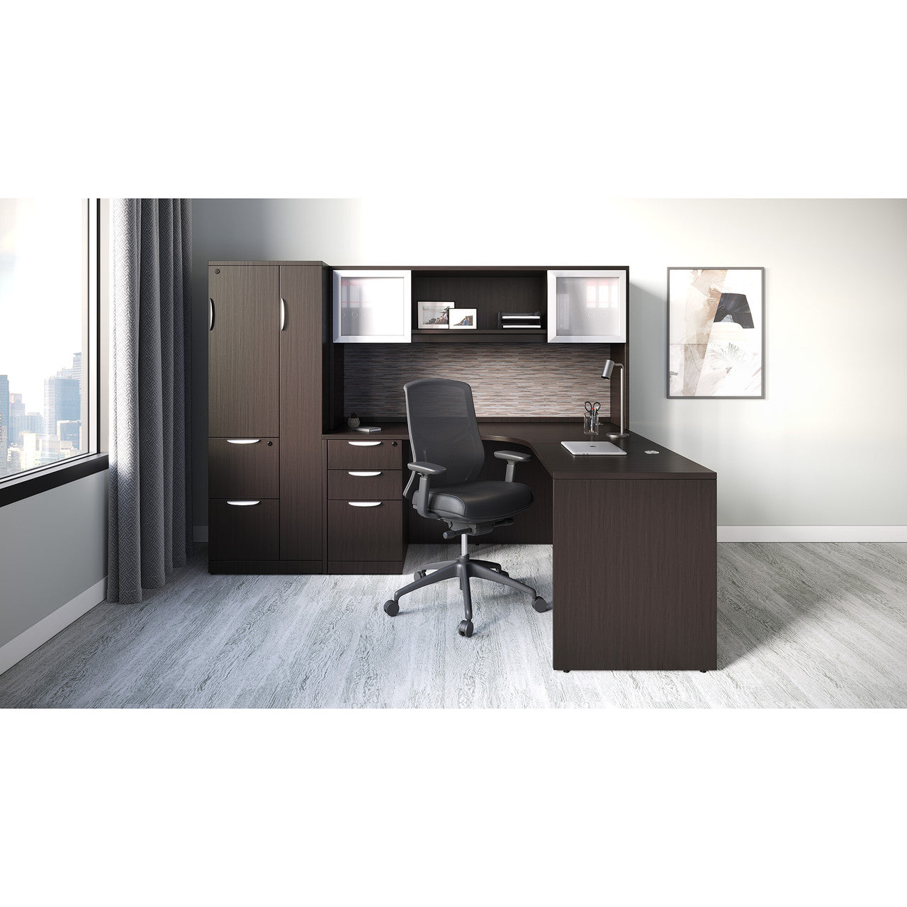 OS Laminate L Shape Desk with Wardrobe Cabinets, Drawer Pedestal ...