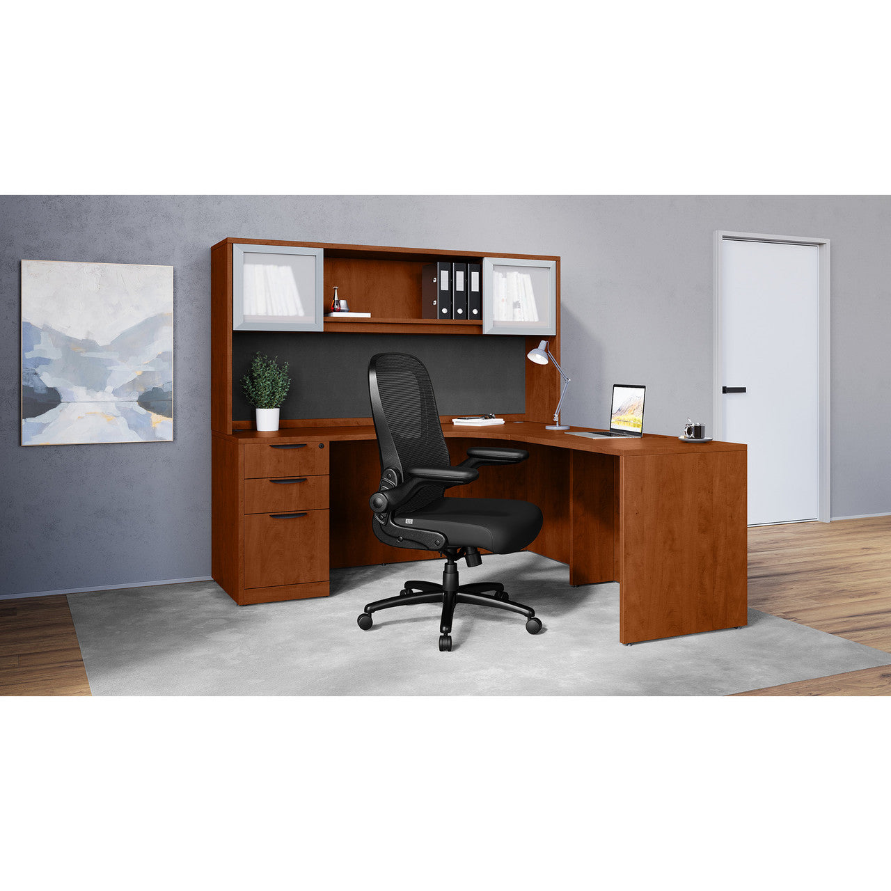 OS Laminate L Shape Desk with Hutch, Tack Board & Drawer Pedestal ...