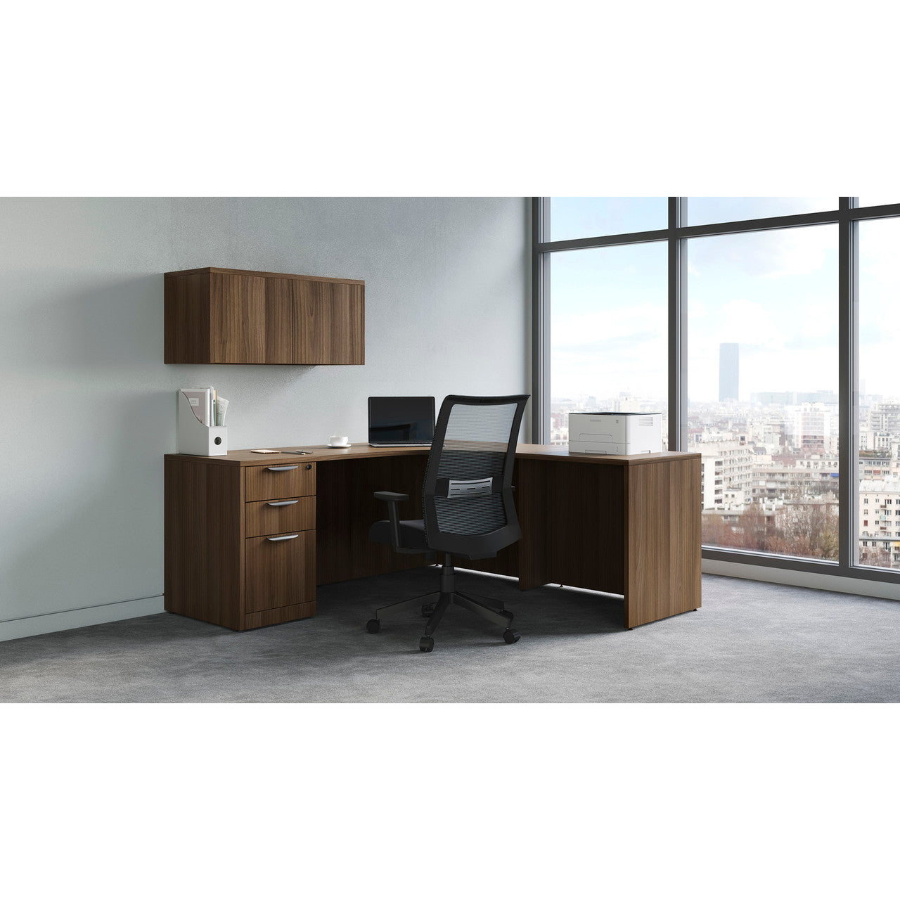OS Laminate L Shaped Executive Desk with Wall Mounted Hutch & Deluxe ...
