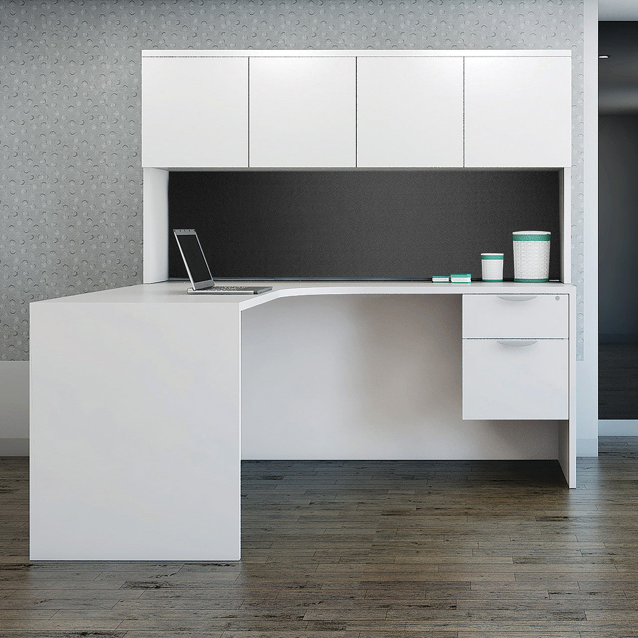 OS Laminate L Shaped Office Desk with Drawer Hanging Pedestal, Hutch ...